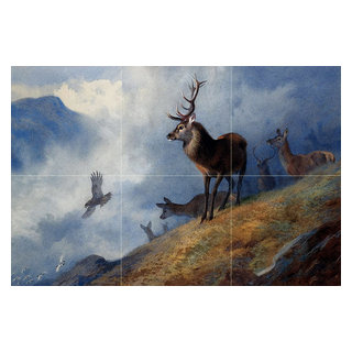 Tile Mural RED DEER WATCHING birds Kitchen Backsplash, 6" Ceramic Matte ...