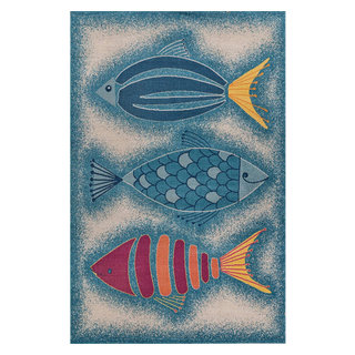 2" x 3" Blue Triple Fish Indoor Outdoor Scatter Rug - Beach Style ...
