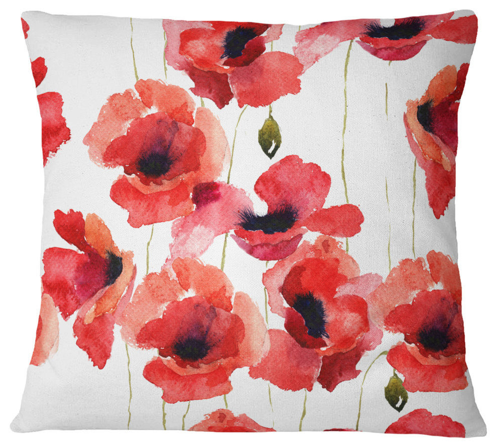 Stylized Poppy Flowers Illustration Floral Throw Pillow, 16"x16 ...