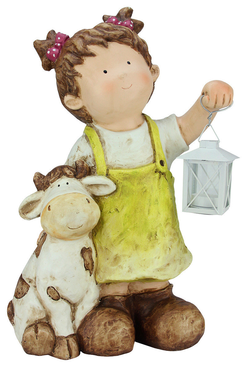 17.5" Young Girl Gnome With Cow and Lantern Outdoor Garden Patio Figure ...