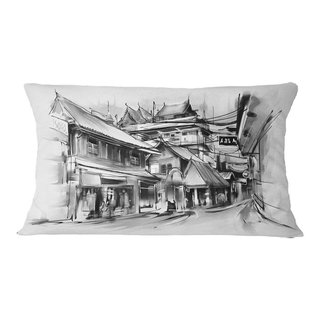 City Street Illustration Cityscape Throw Pillow, 12"x20 - Contemporary ...