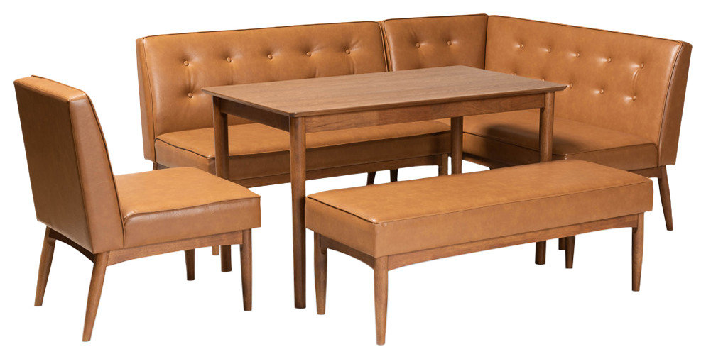 San Simeon Mid-Century Tan Faux Leather and Walnut 5-Piece Dining Nook ...