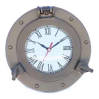 Decorative Ship Porthole Clock, Antique Brass, 8" - Beach Style - Wall ...