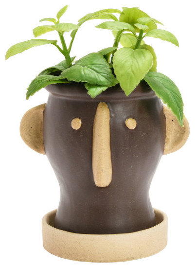 Stoneware Face Planter with Saucer, Set of 2, Matte Black and Cream ...