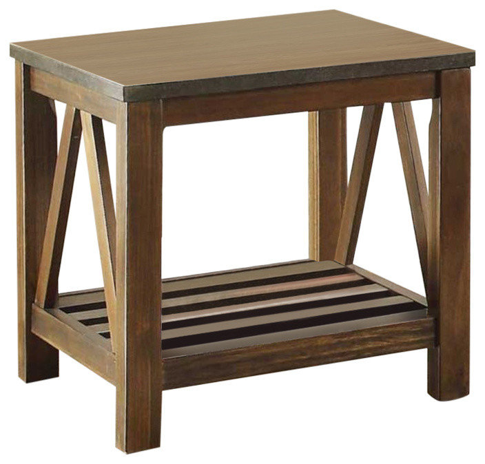 Square Wooden End Table With Bluestone Marble Top and Slated Bottom ...