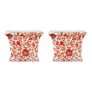 Set of 2 Orange and White Twisted Lotus Square Porcelain Flower Pots 6 ...