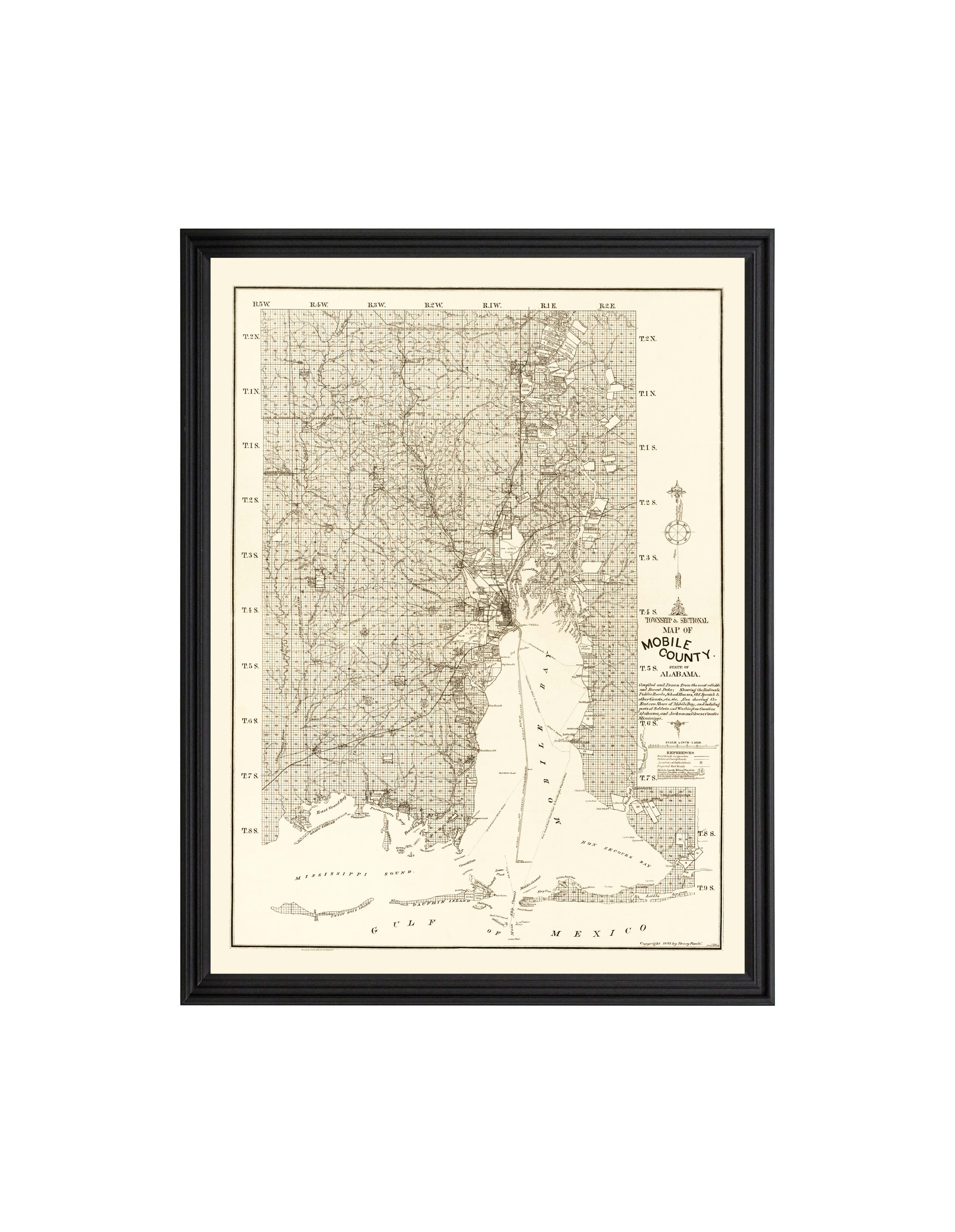 Mobile County Map Framed Art 1895, Vintage Alabama Wall Decor, 24x36 ...
