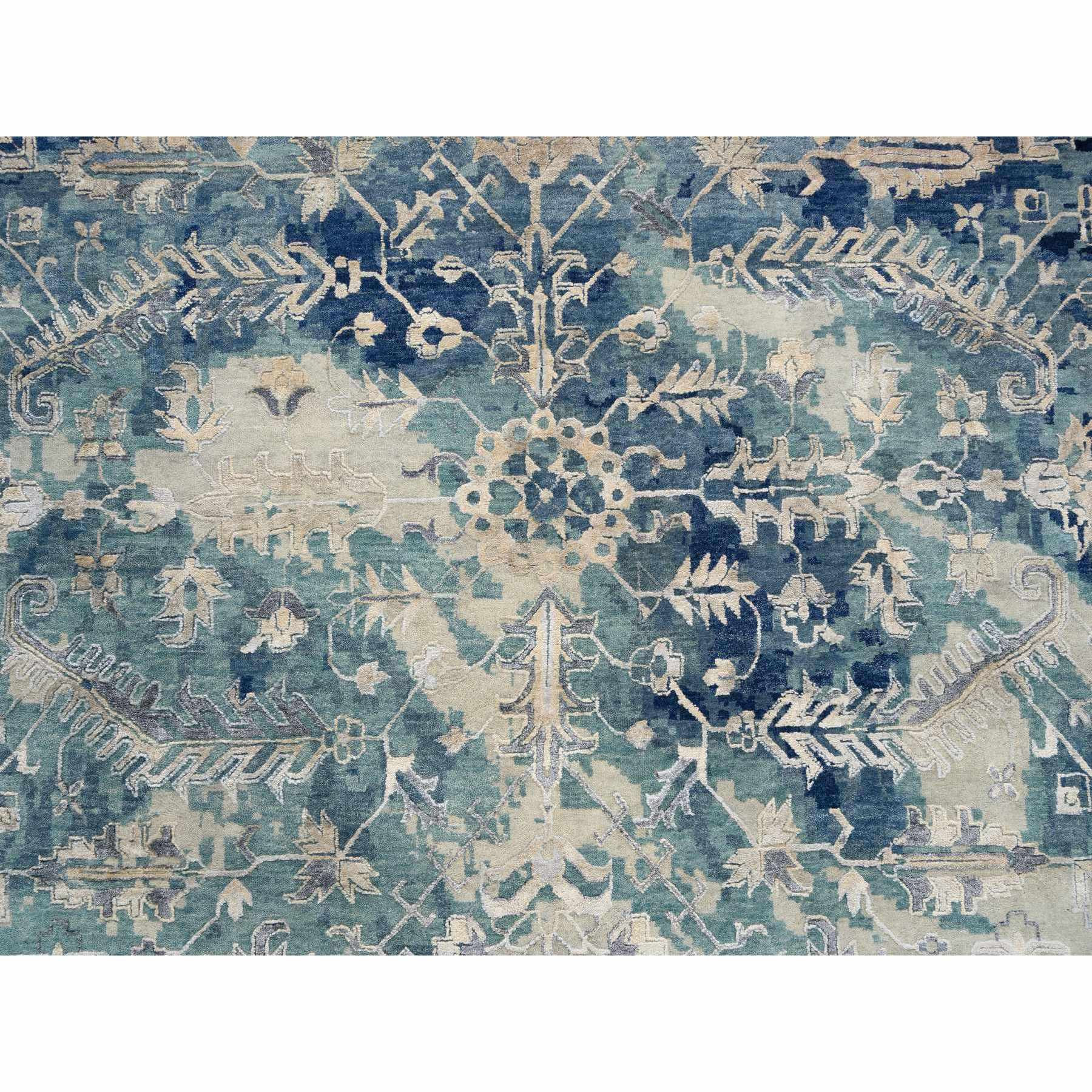 Blue/Teal Persian Heriz Erased Wool And Silk Hand Knotted Square Rug ...
