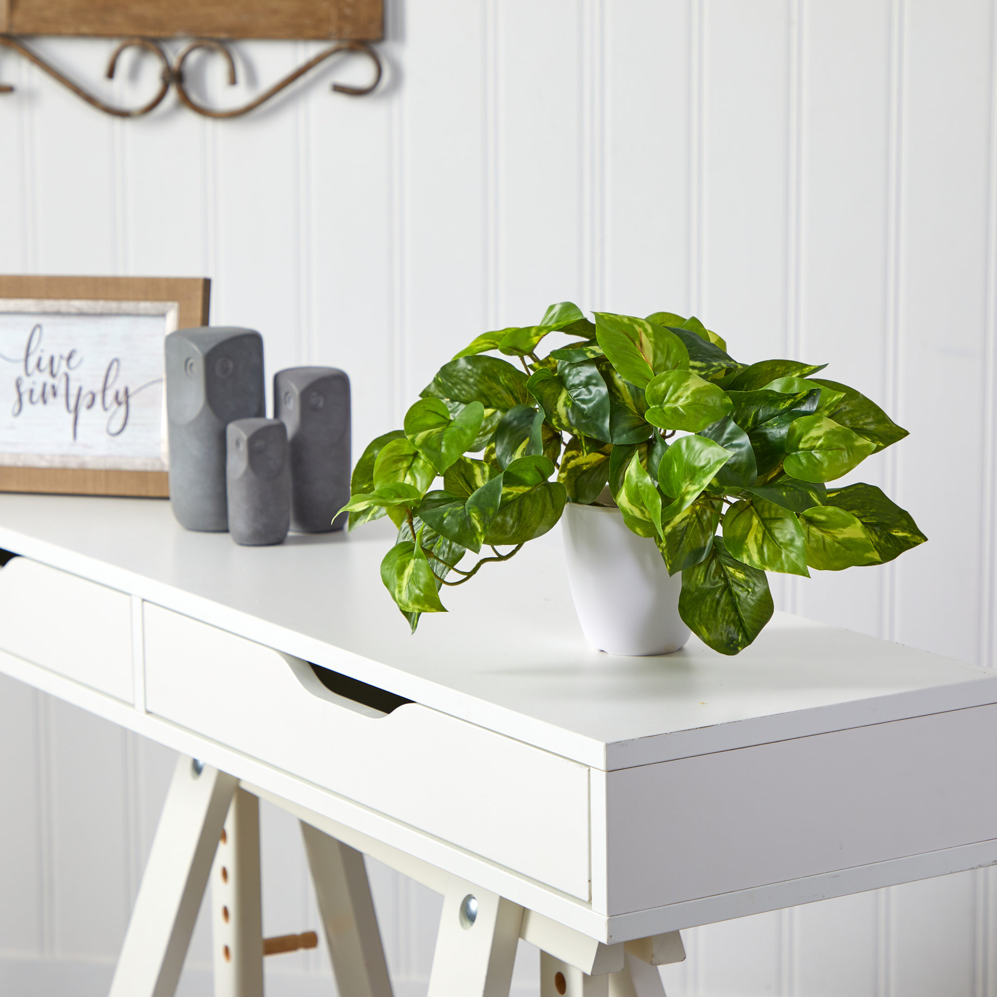 9" Pothos Artificial Plant, White Planter, Real Touch - Modern ...