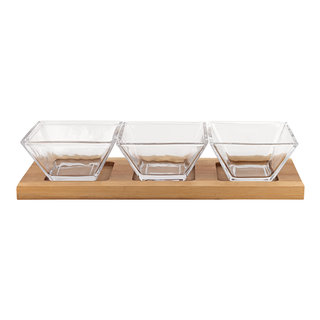 Hostess With 3 Glass Condiment on a Wood Tray, 4-Piece Set ...