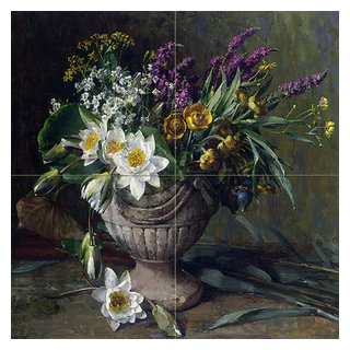 Tile Mural FLOWER STILL LIFE WITH LOTUS IN A Backsplash, 4.25" Ceramic ...