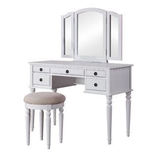 Benzara BM171346 Wooden Vanity Set With Stool White - Traditional ...