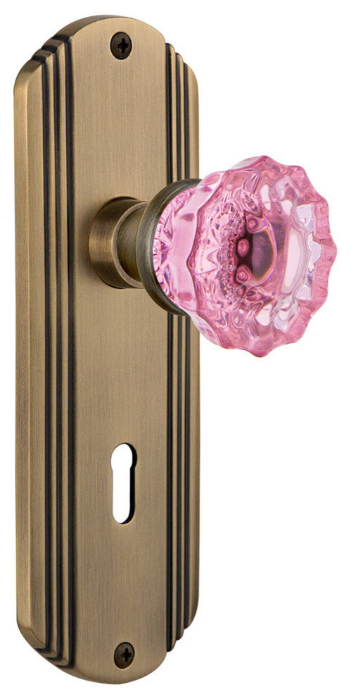Deco Plate Interior Mortise Crystal Pink Glass Door Knob, Antique Brass ...