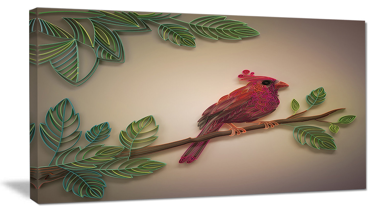 Red Paper Quilling of Cardinal Bird, Floral Canvas Art Print, 32"x16 ...