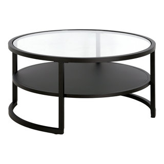 34" Black and Glass Round Coffee Table With Shelf - Transitional ...