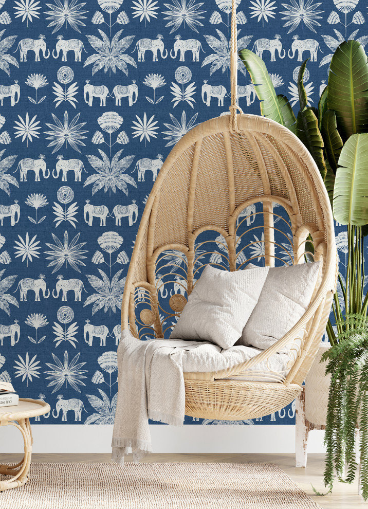 Bazaar Blue Elephant Oasis Wallpaper, Bolt - Tropical - Wallpaper - by ...