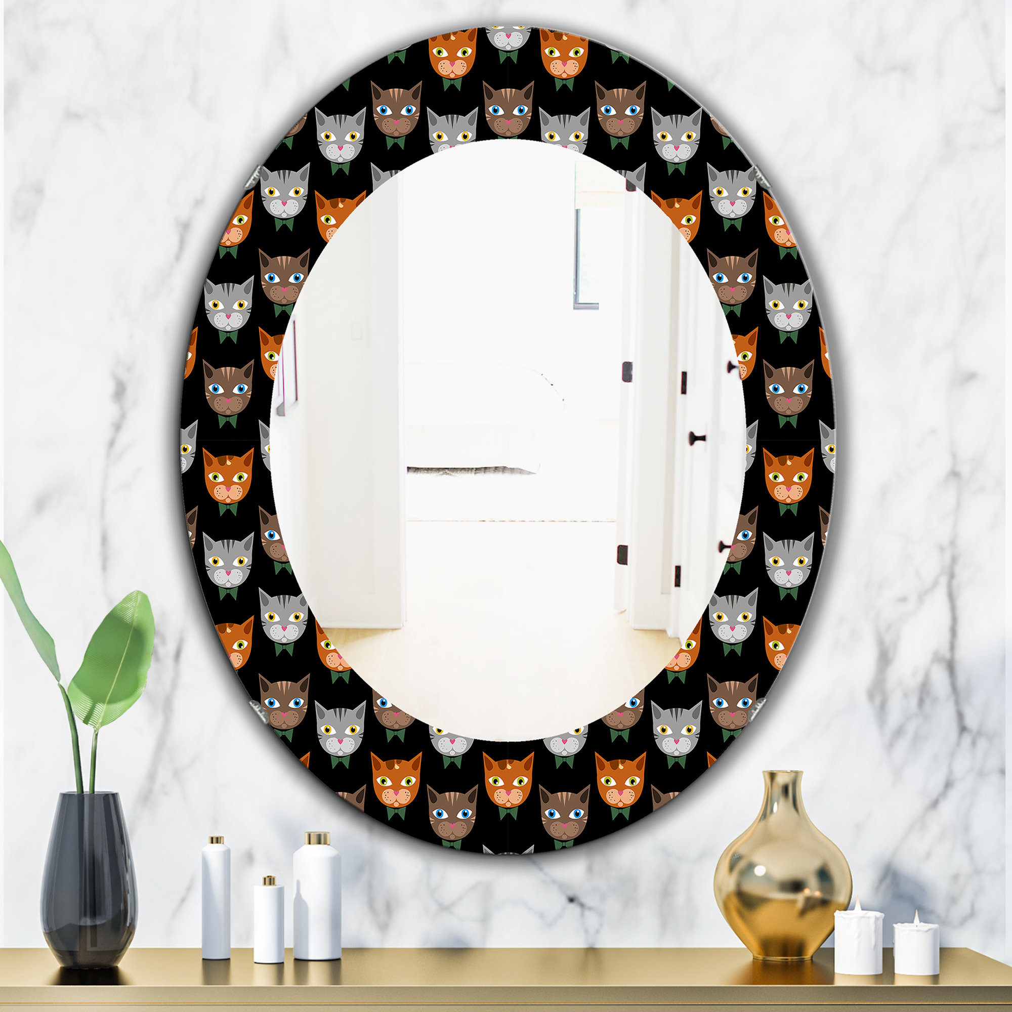 Designart Cute Cats Pattern Modern Frameless Oval Or Round Wall Mirror ...