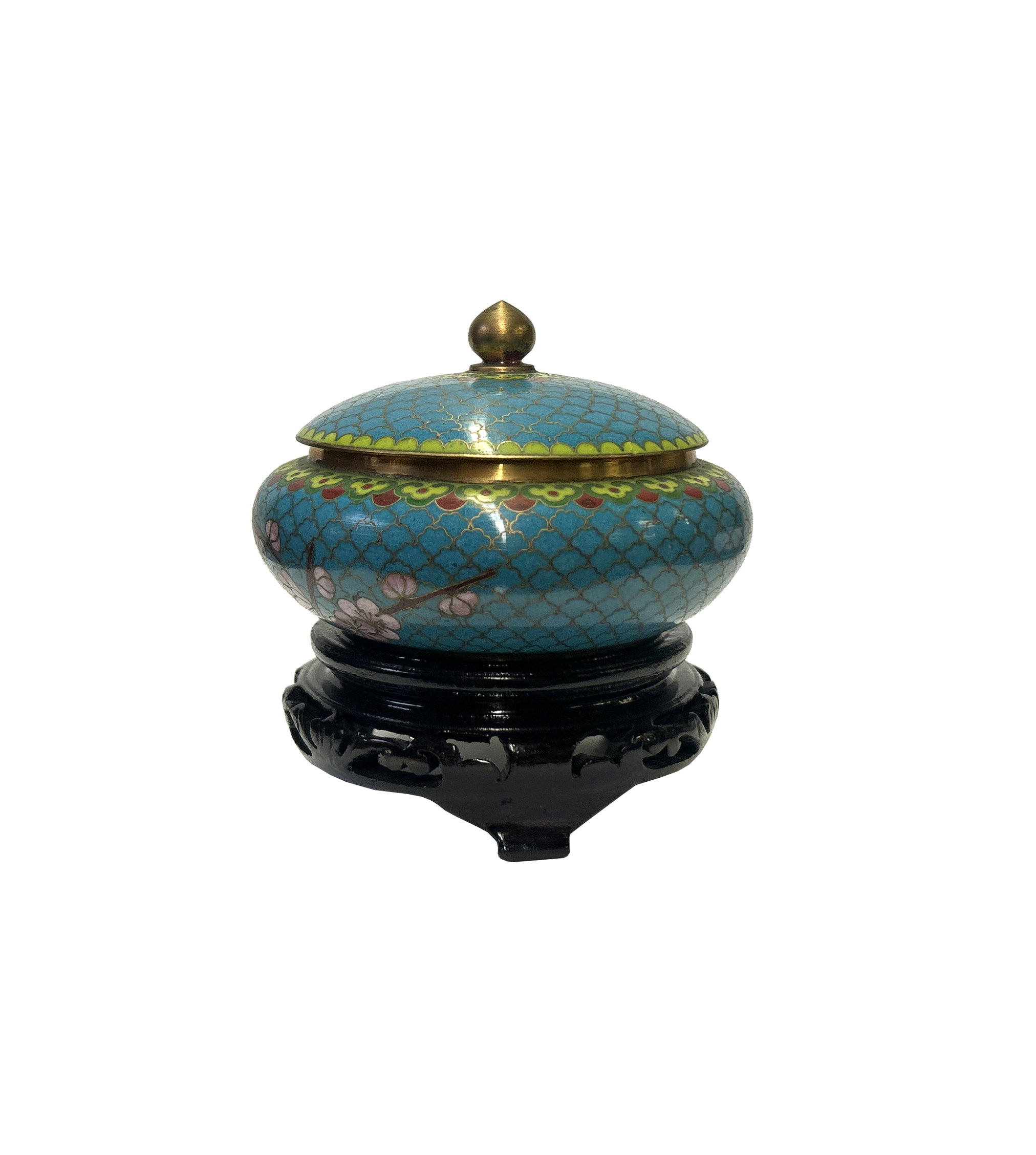Chinese Teal Turquoise Metal Cloisonné Blossom Flower Theme Round Box ...