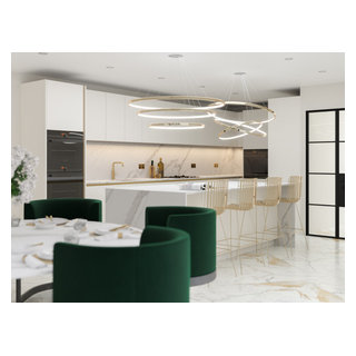 CLASSIC WHITE MATT WITH CALACUTTA GOLD WORKTOP AND GOLD RAILS - Modern ...