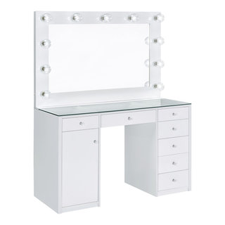 Percy 7-drawer Glass Top Vanity Desk With Lighting White - Contemporary ...