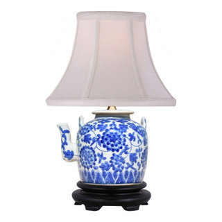 Blue and White Floral TeaPot Porcelain Table Lamp, 14" - Table Lamps ...