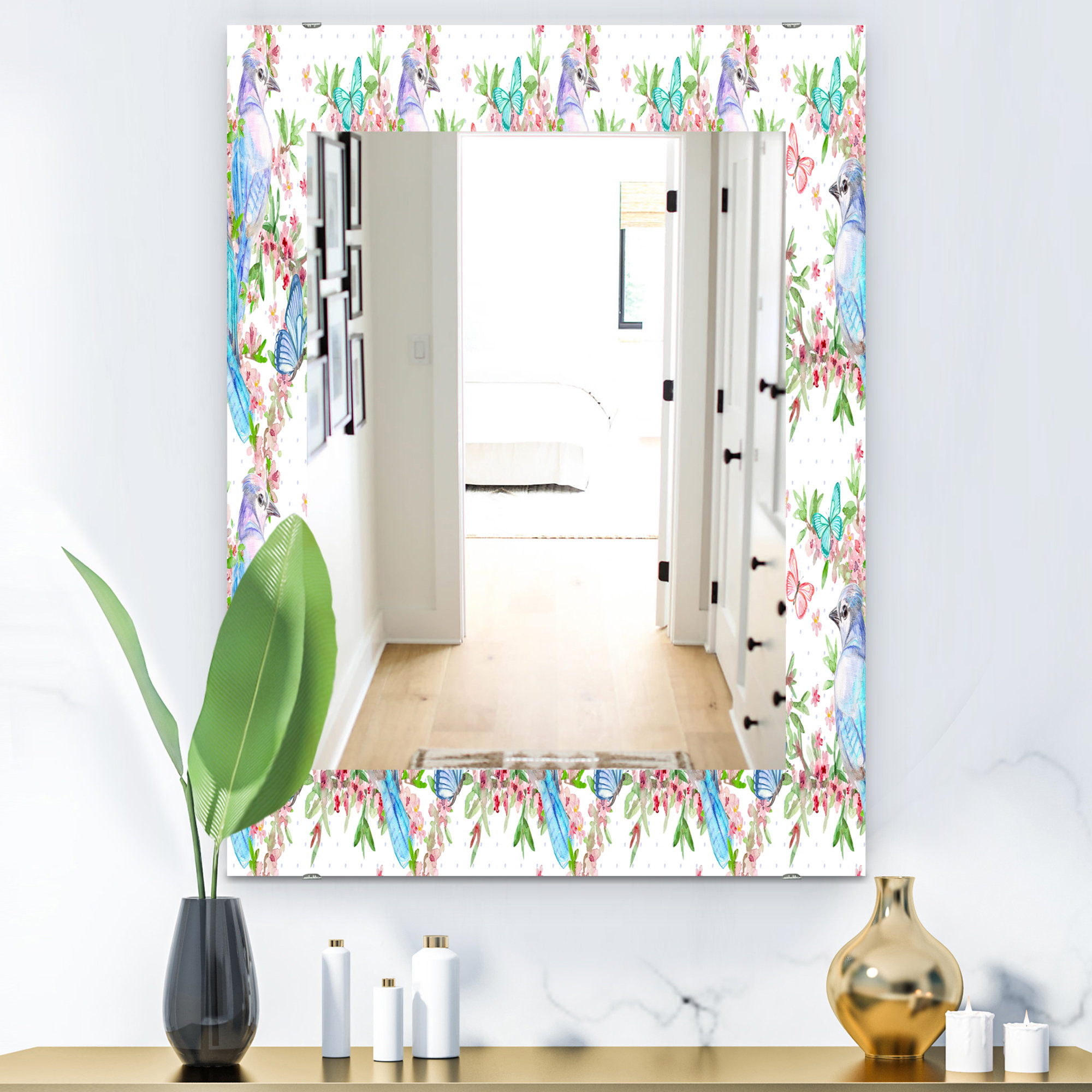 Designart Texture With Couples of Birds And Butterflies Frameless ...