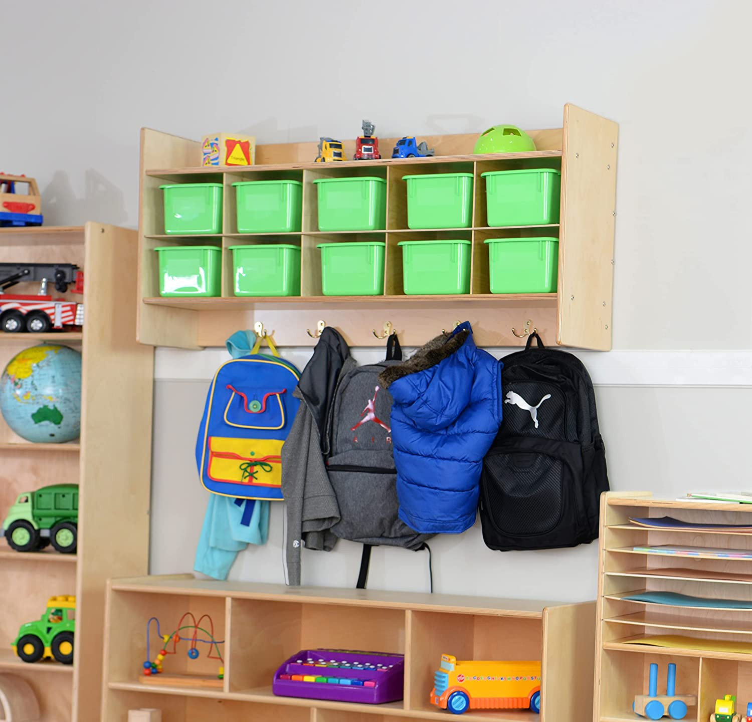 10 Section Wood Cubbies Storage, Yellow Bins, Wall Hanging Organizers ...