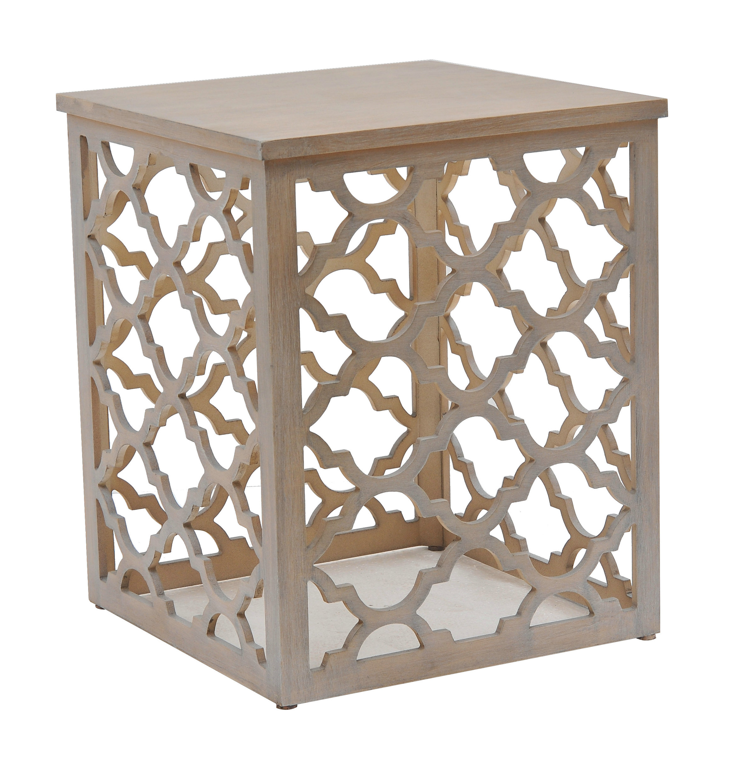 Wooden Cage Like End Table with Quatrefoil Cut Out Details, Cream ...