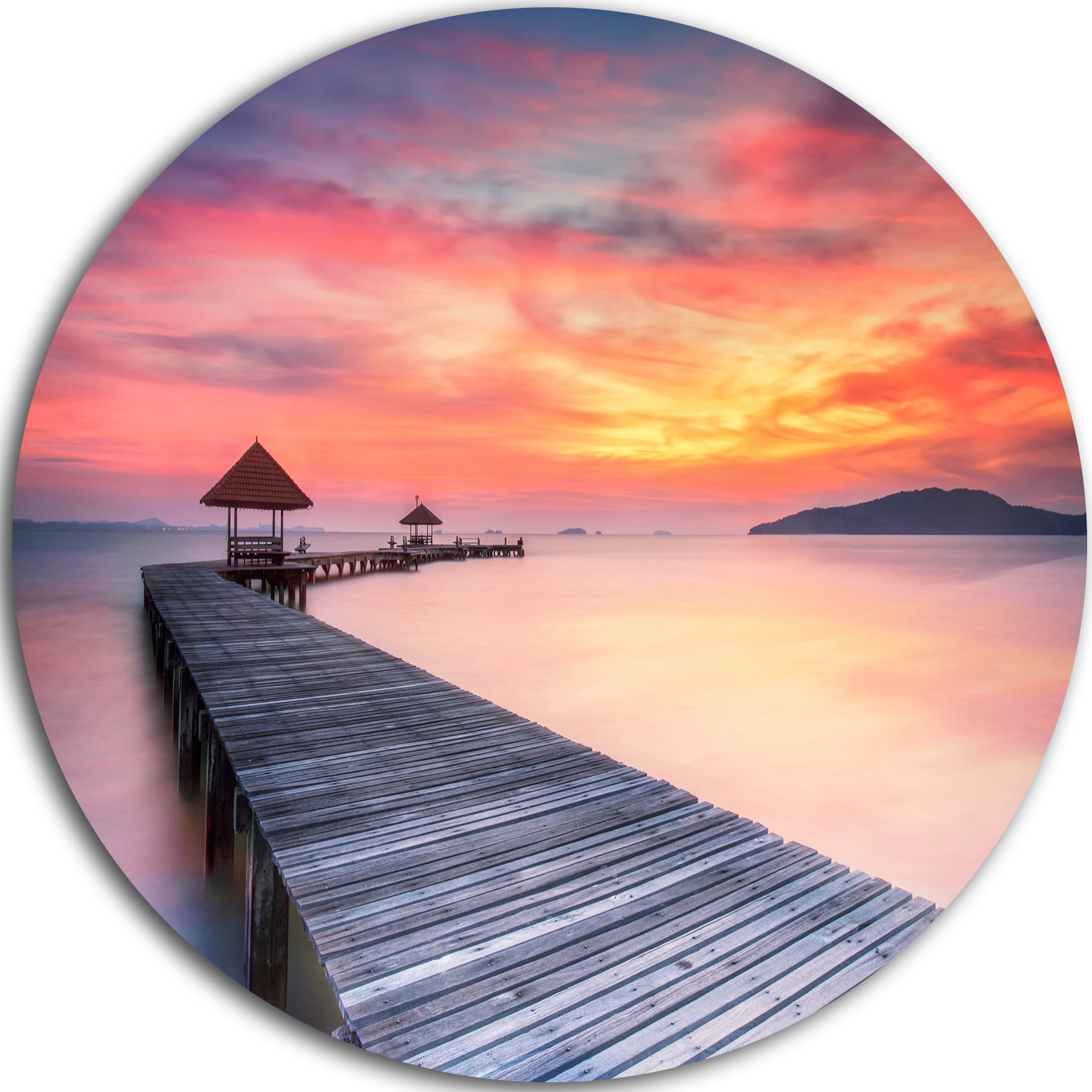 Stylish Wooden Bridge And Beach Sky, Sea Pier Disc Metal Wall Art, Disc ...