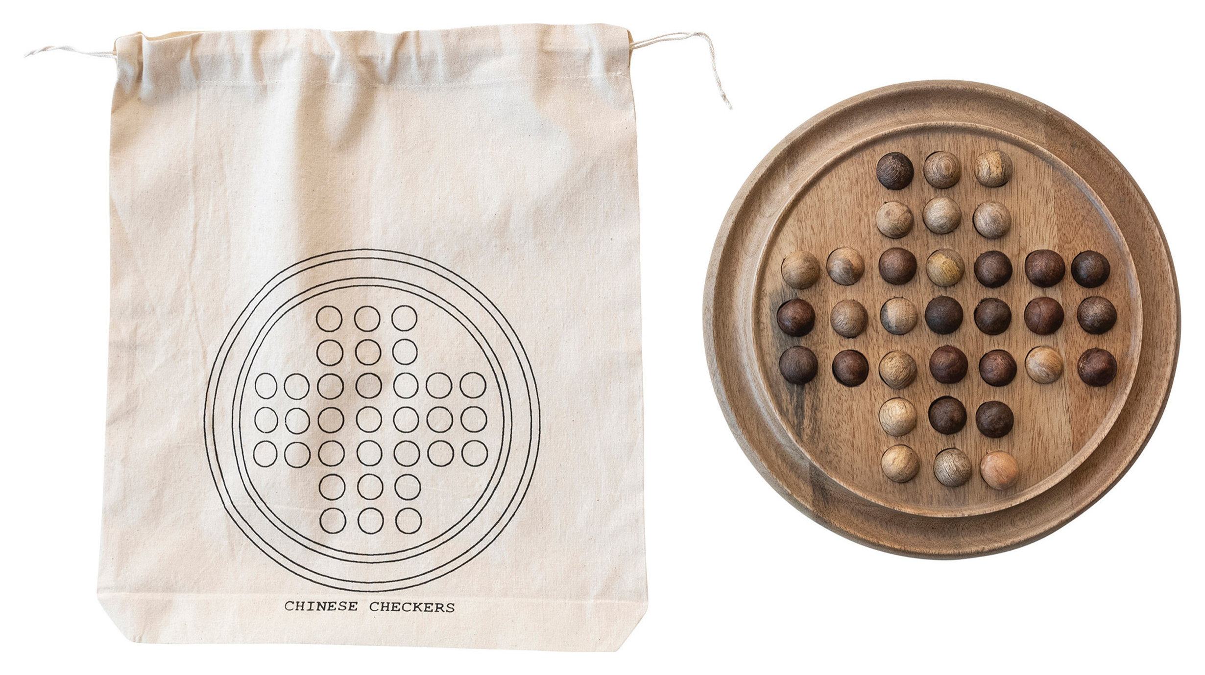 Round Mango Wood Chinese Checkers, Drawstring Bag, Natural and Walnut ...