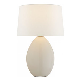 Myla Wide Table Lamp, 1-Light, White Glass, Linen Oval Shade, 27"H ...