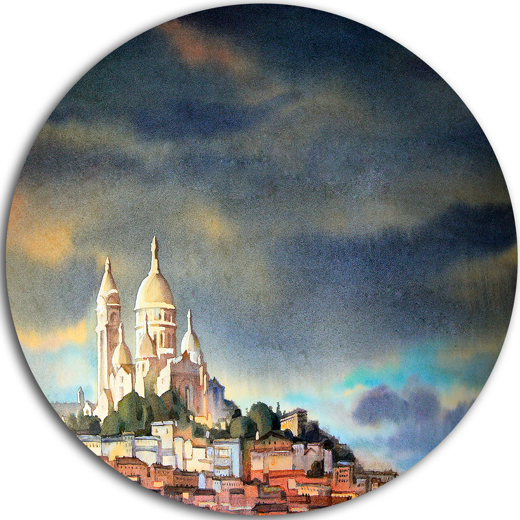 Montmartre Skyline, Watercolor Painting Round Metal Wall Art, Disc of ...
