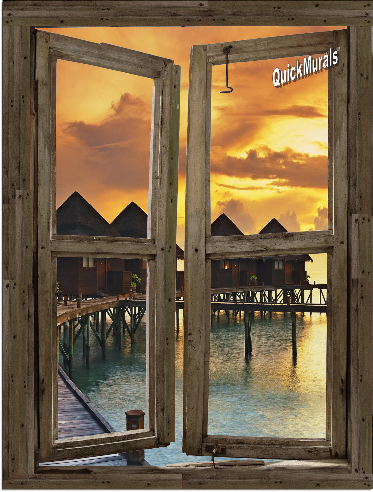 Beach Resort Sunset Window One Piece Peel & Stick CANVAS Wall Mural ...