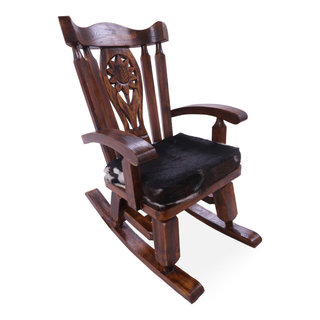 Wooden Rocking Chair Handcarved Back Removable Hair-On Cowhide Pillow ...