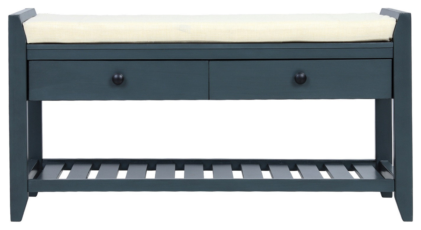 Vintage Storage Bench with Cushioned Seat, 2 Drawers, and Slatted Shelf ...