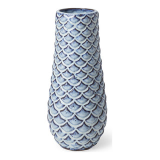 11" Aqua Blue Glaze Fishscale Pattern Ceramic Vase - Beach Style ...