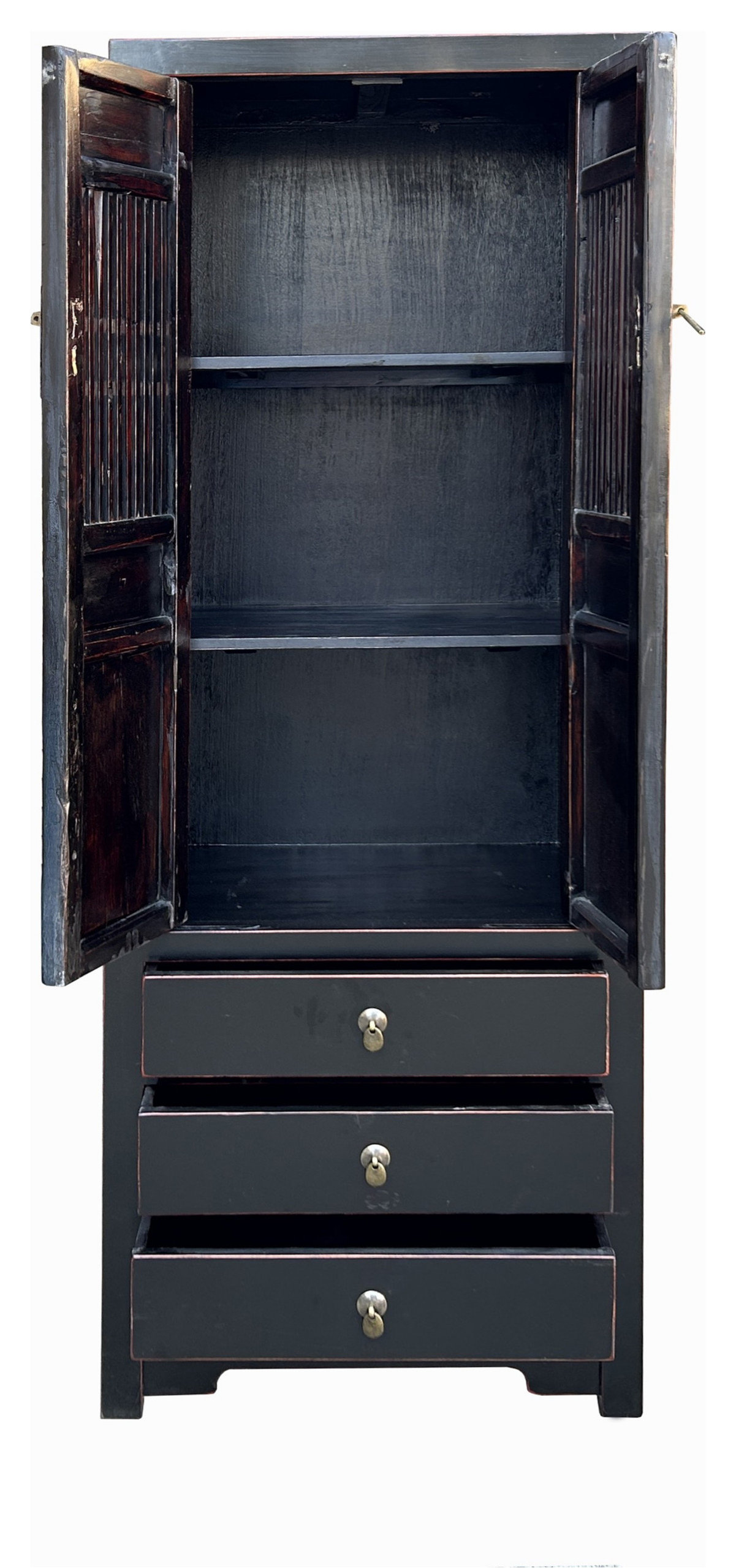 Oriental Black Narrow Wood Carving Shutter Doors Drawers Storage ...