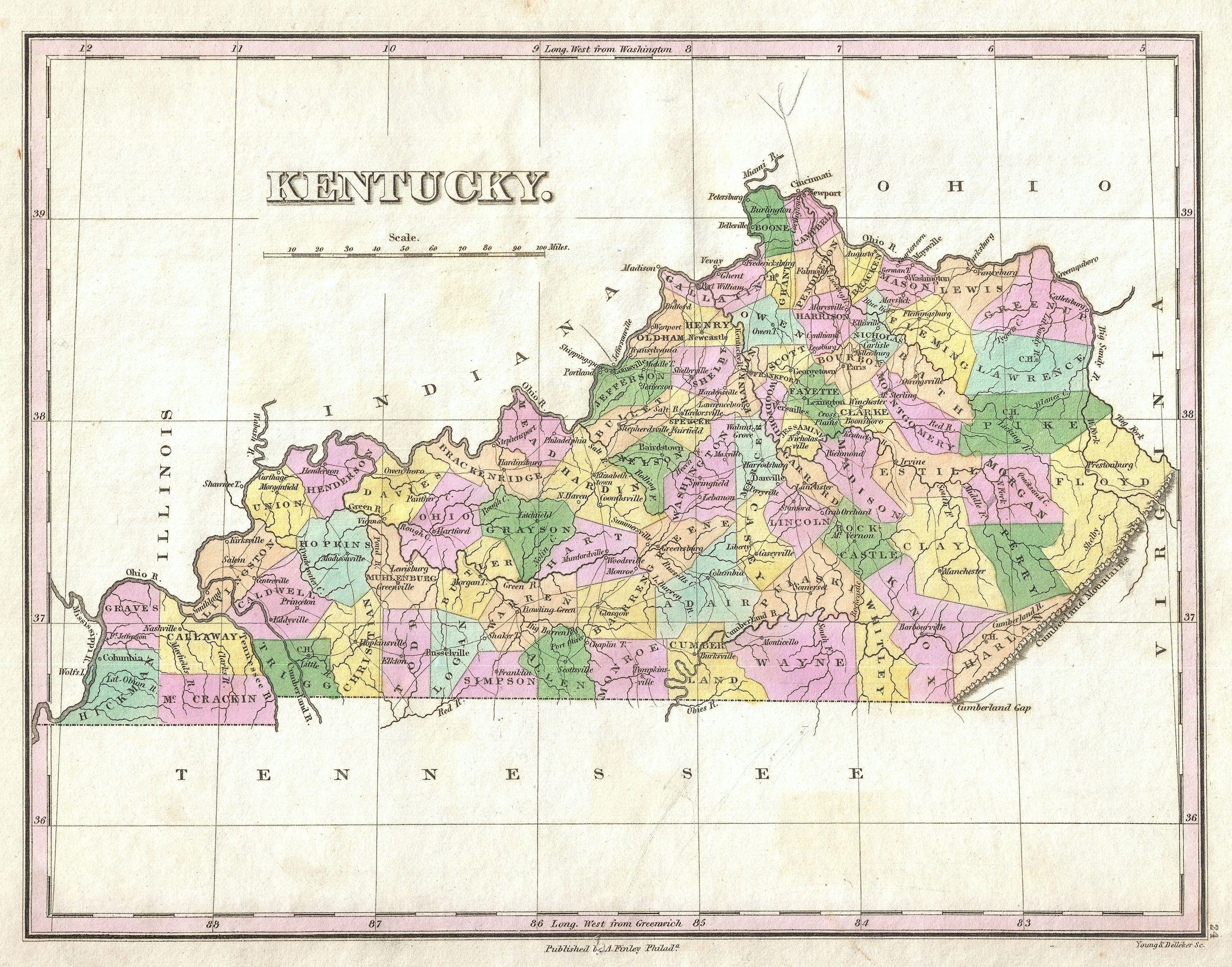 Map of Kentucky, 1827, Peel & Stick Removable Wall Decal, 43"x53.75 ...