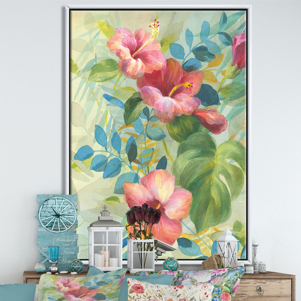 Designart Hibiscus Garden Ii Traditional Framed Canvas Art, 16x32 ...