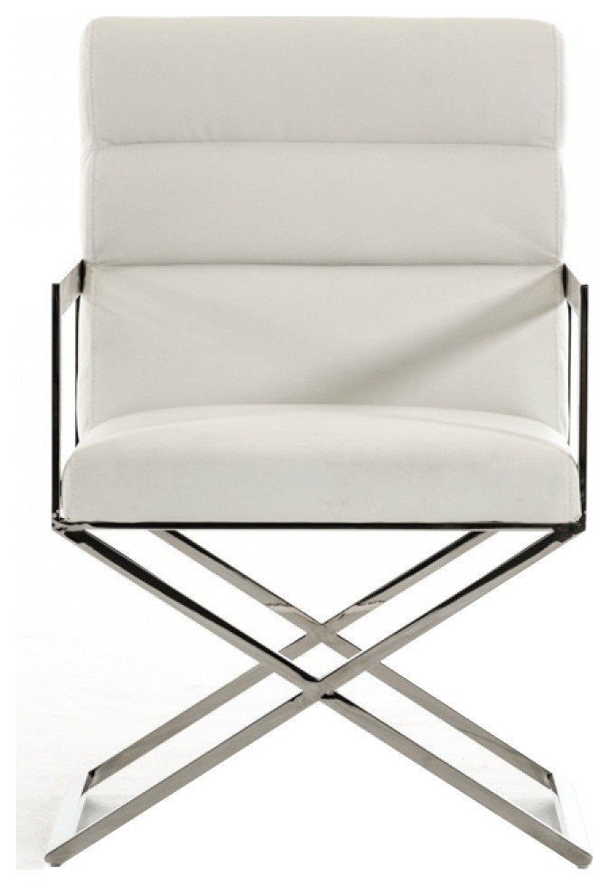 Leatherette Dining Chair with Stainless Steel Arms, White and Silver ...