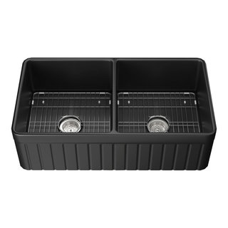 Black Fireclay 33 Inch Double Bowl Farmhouse Apron Front Kitchen Sink ...