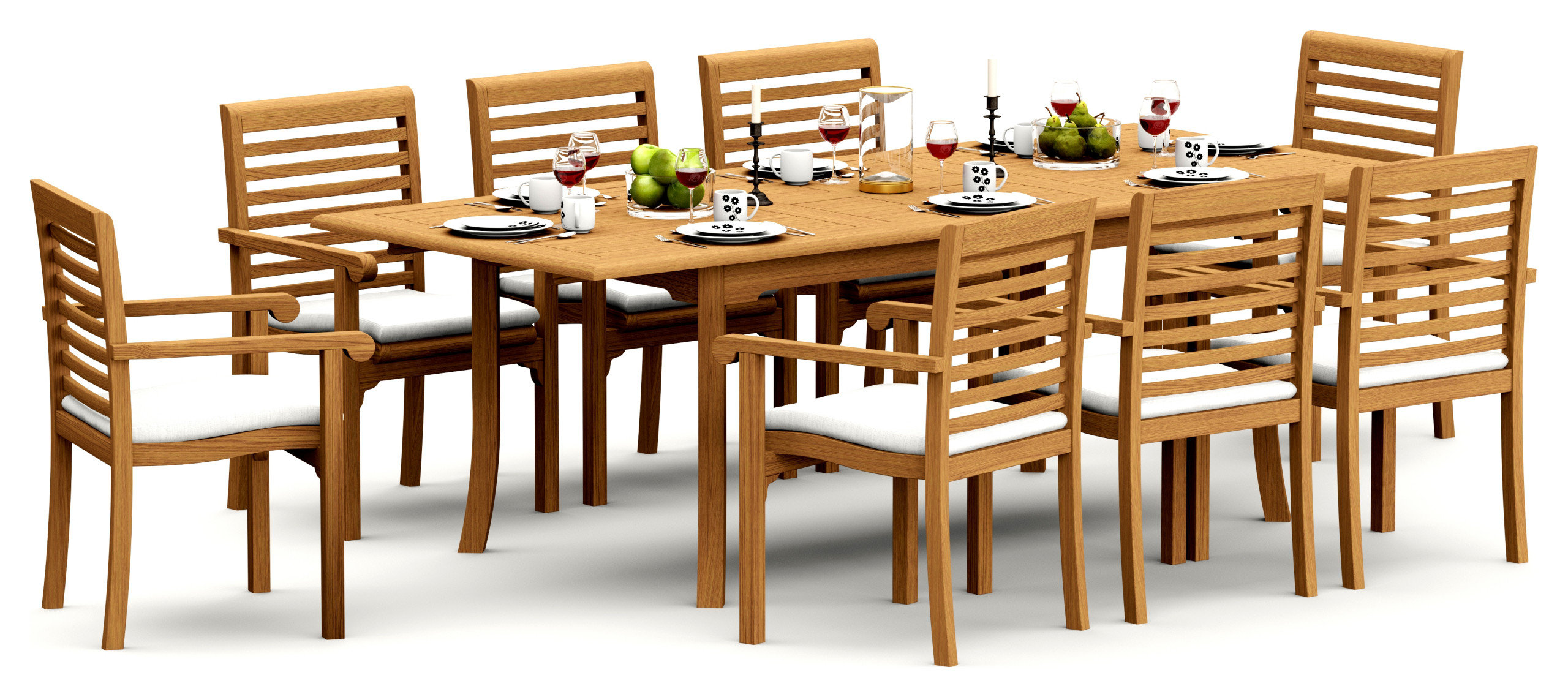 9-Piece Outdoor Teak Dining Set: 94" Rectangle Table, 8 Hari Stacking Arm Chairs - Transitional ...