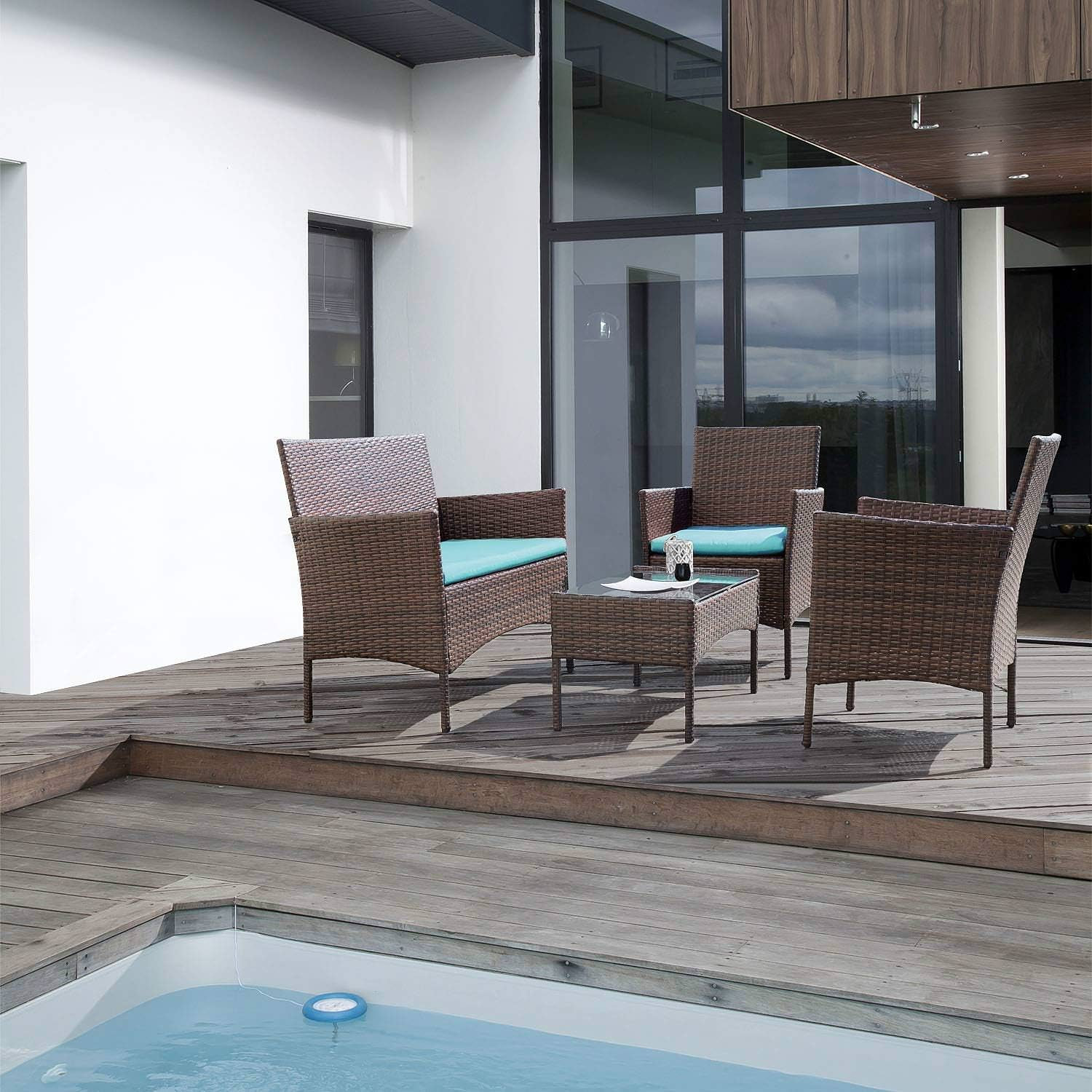 Stylish 4-Piece Blue Rattan Patio Chair Set for Indoor/Outdoor Use ...