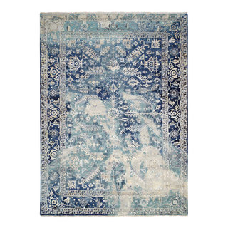 Blue/Teal Persian Heriz Hand Knotted Erased Design Wool And Silk Rug ...