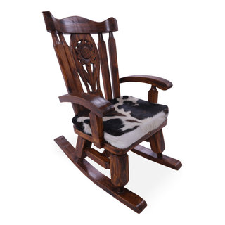 Wooden Rocking Chair Handcarved Back Removable Hair-On Cowhide Pillow ...
