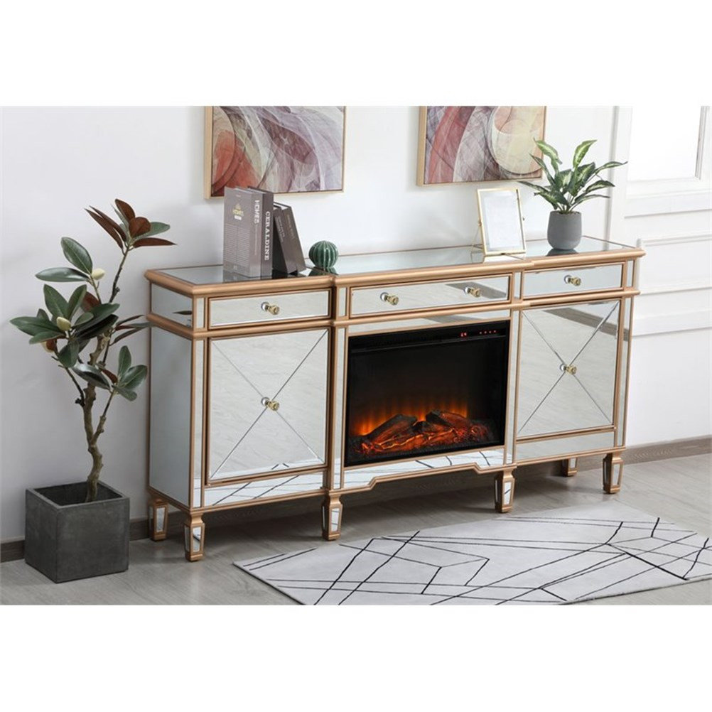 Elegant Decor Contempo 72" Mirrored Credenza with Wood Fireplace in ...