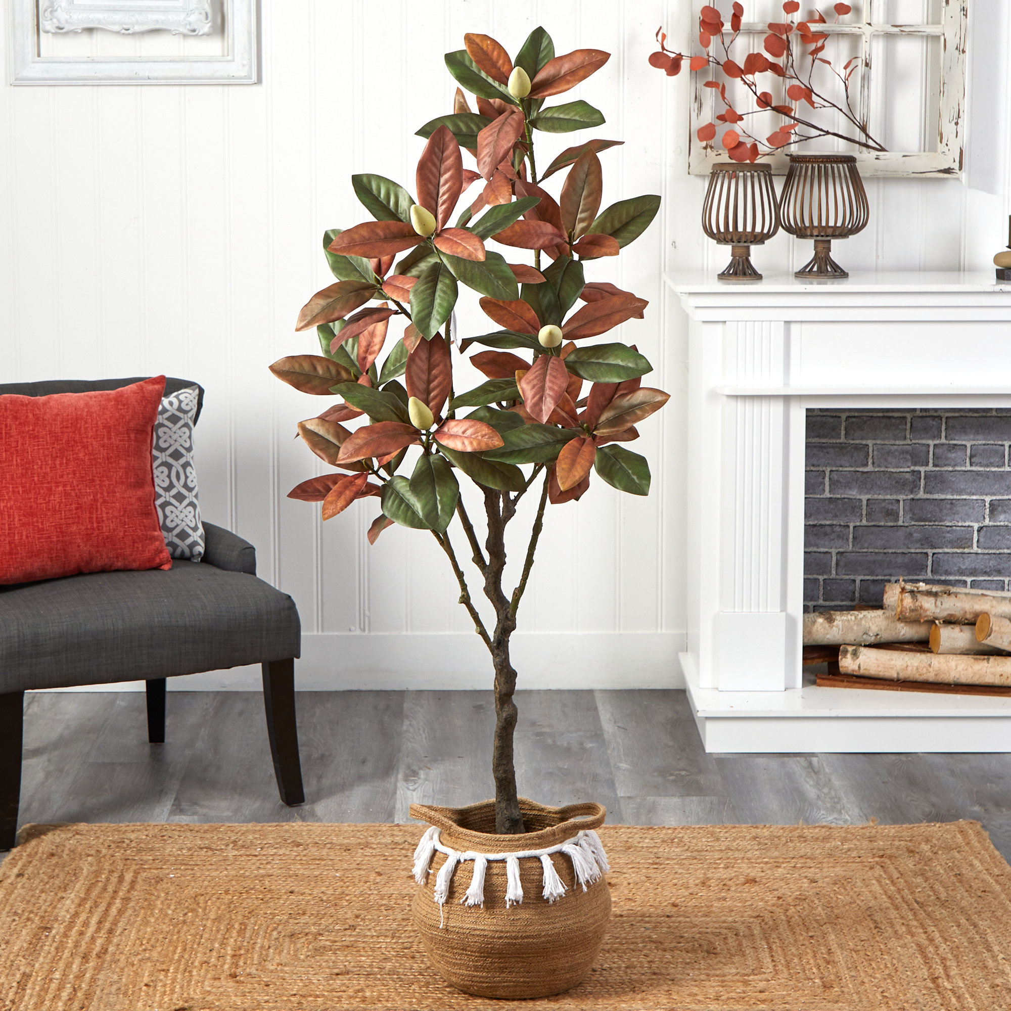 5ft. Artificial Fall Magnolia Tree With Handmade Basket With Tassels ...