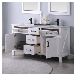 Maribella 60" Double Bathroom Vanity Set in White and Carrara White ...