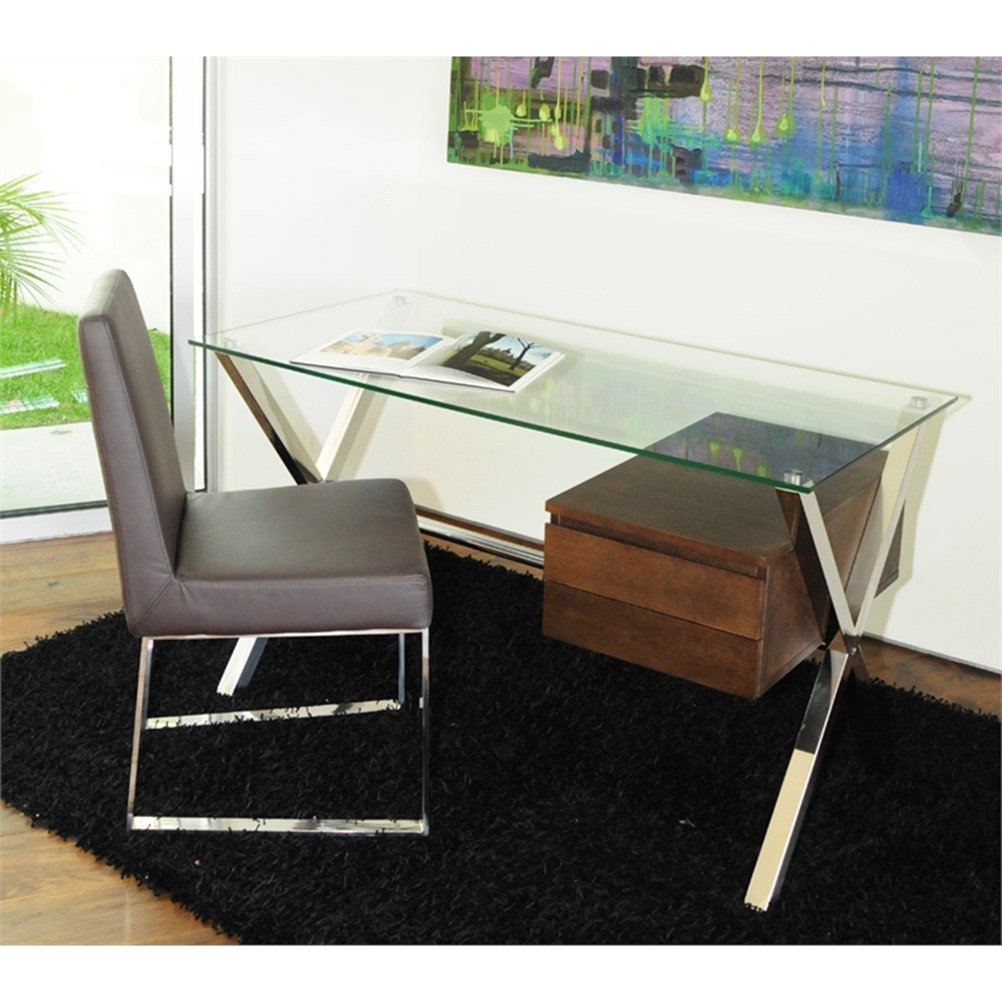 Pangea Home Beverly Small Modern Tempered Glass & Wood Veneer Desk in ...