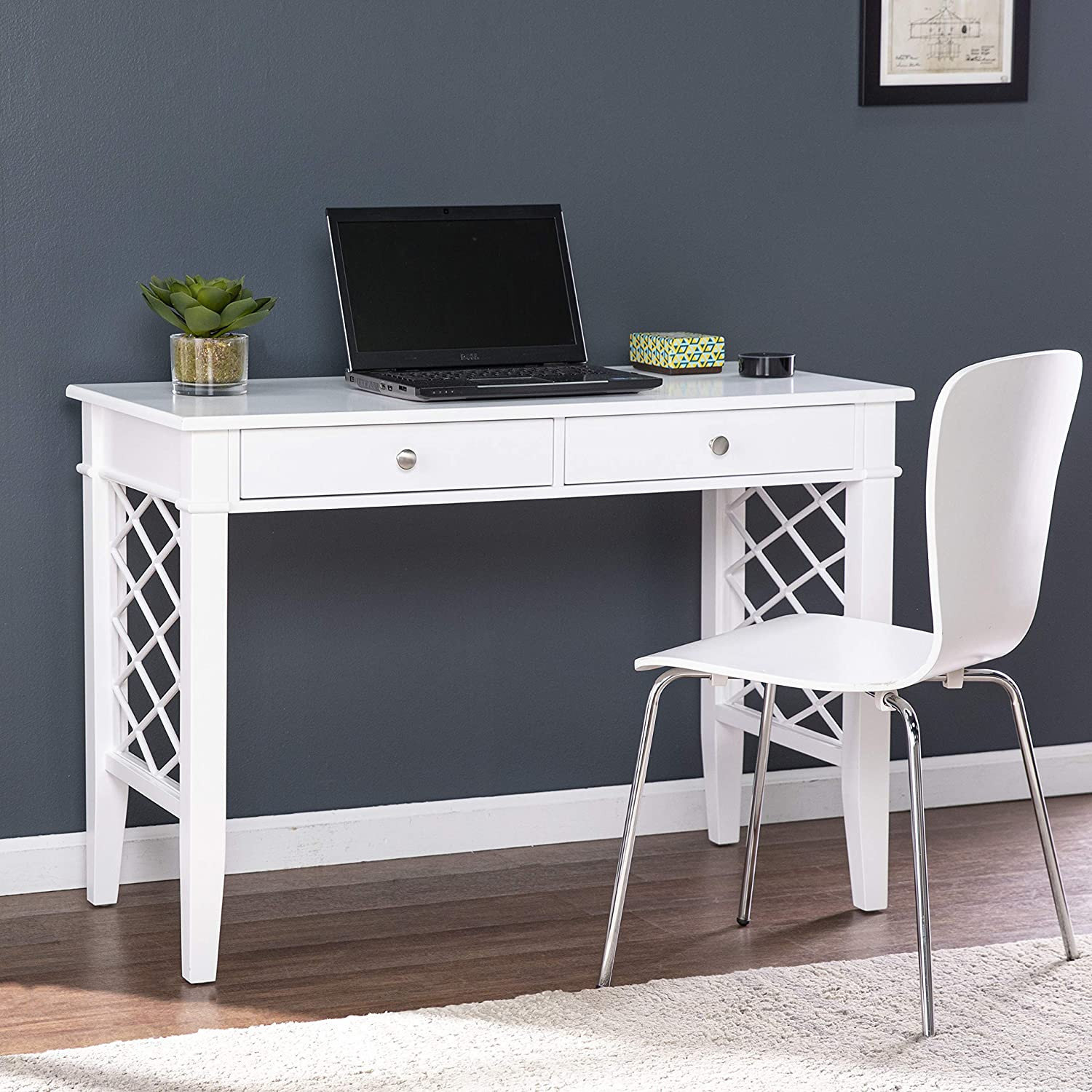 Unique Writing Desk, Crossed Side Panels and 2 Front Drawers, White ...